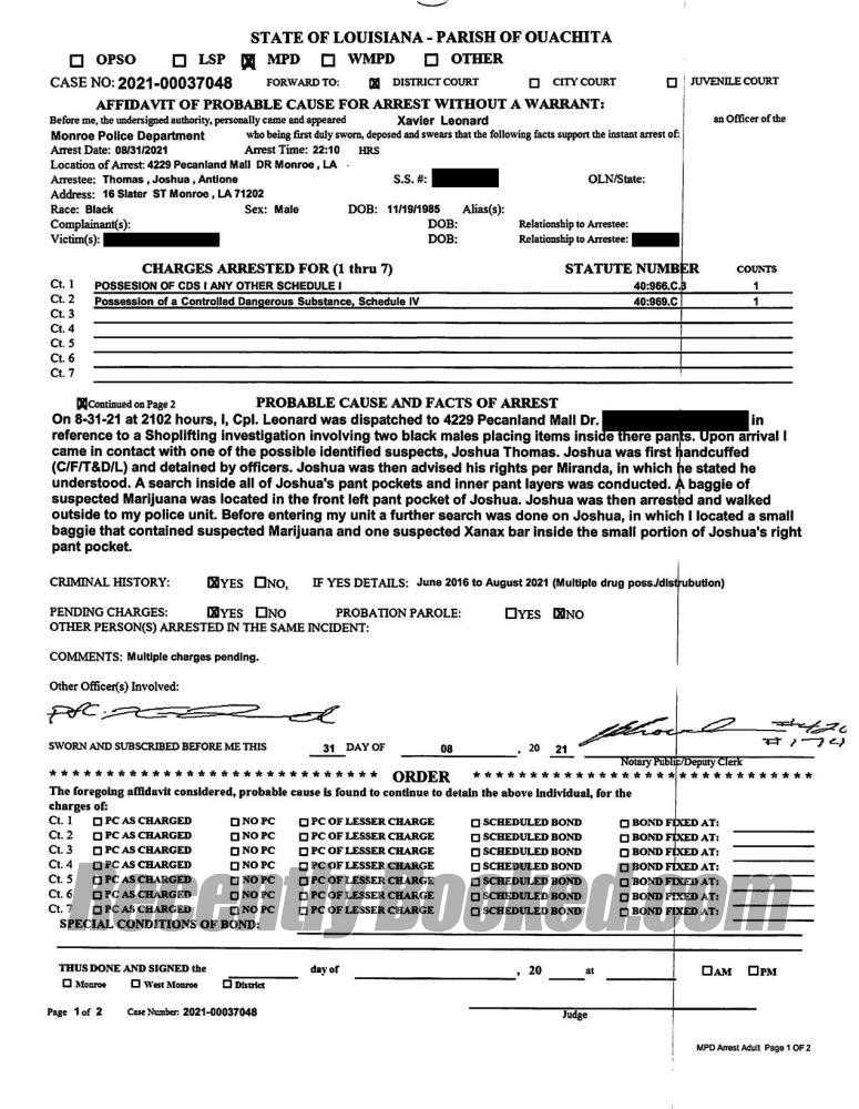 Recent Booking / Mugshot for JOSHUA ANTIONE THOMAS in Ouachita Parish ...